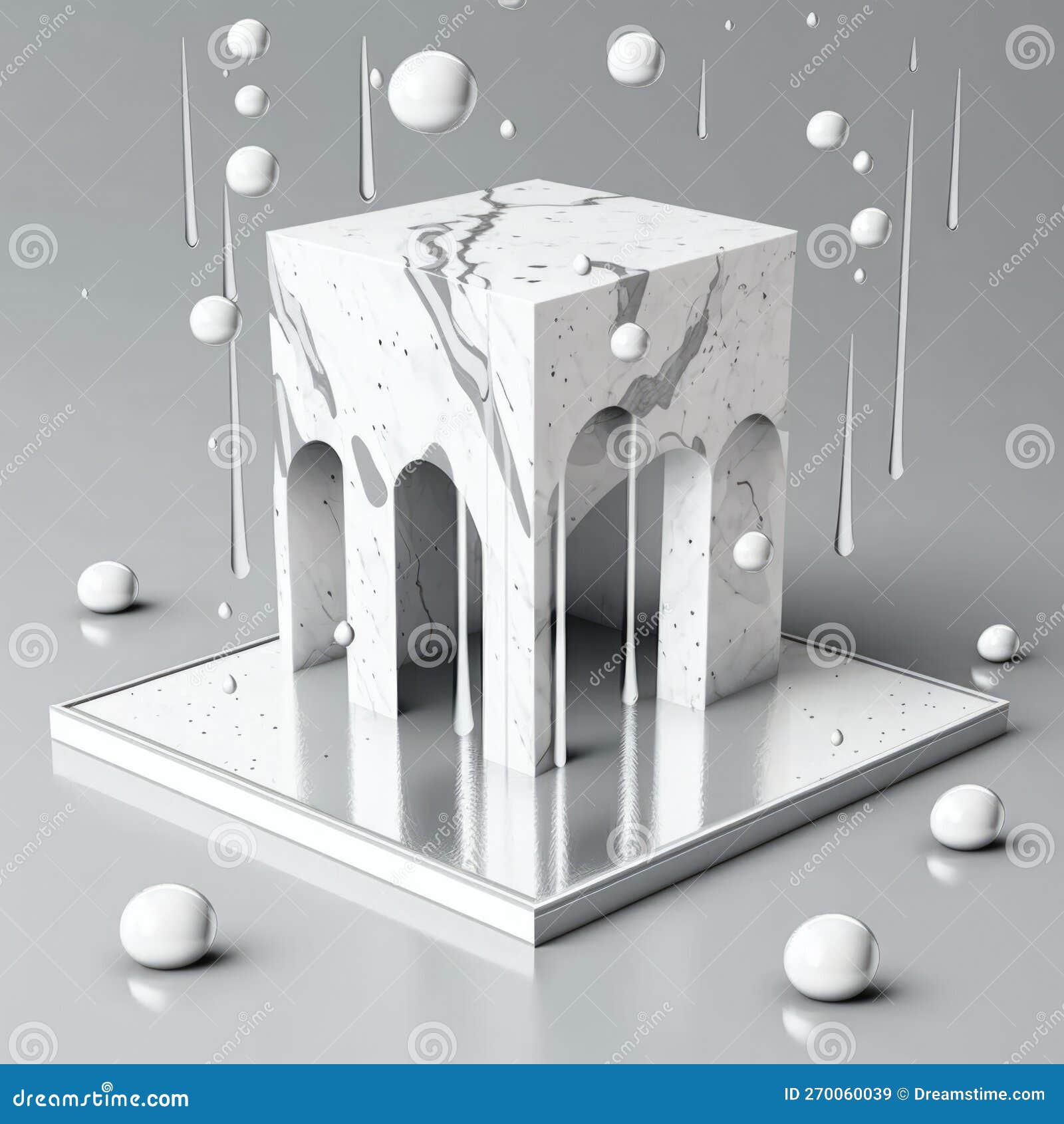 Silver Raindrops on a Marble Floor Podium, Empty Showcase for Packaging ...