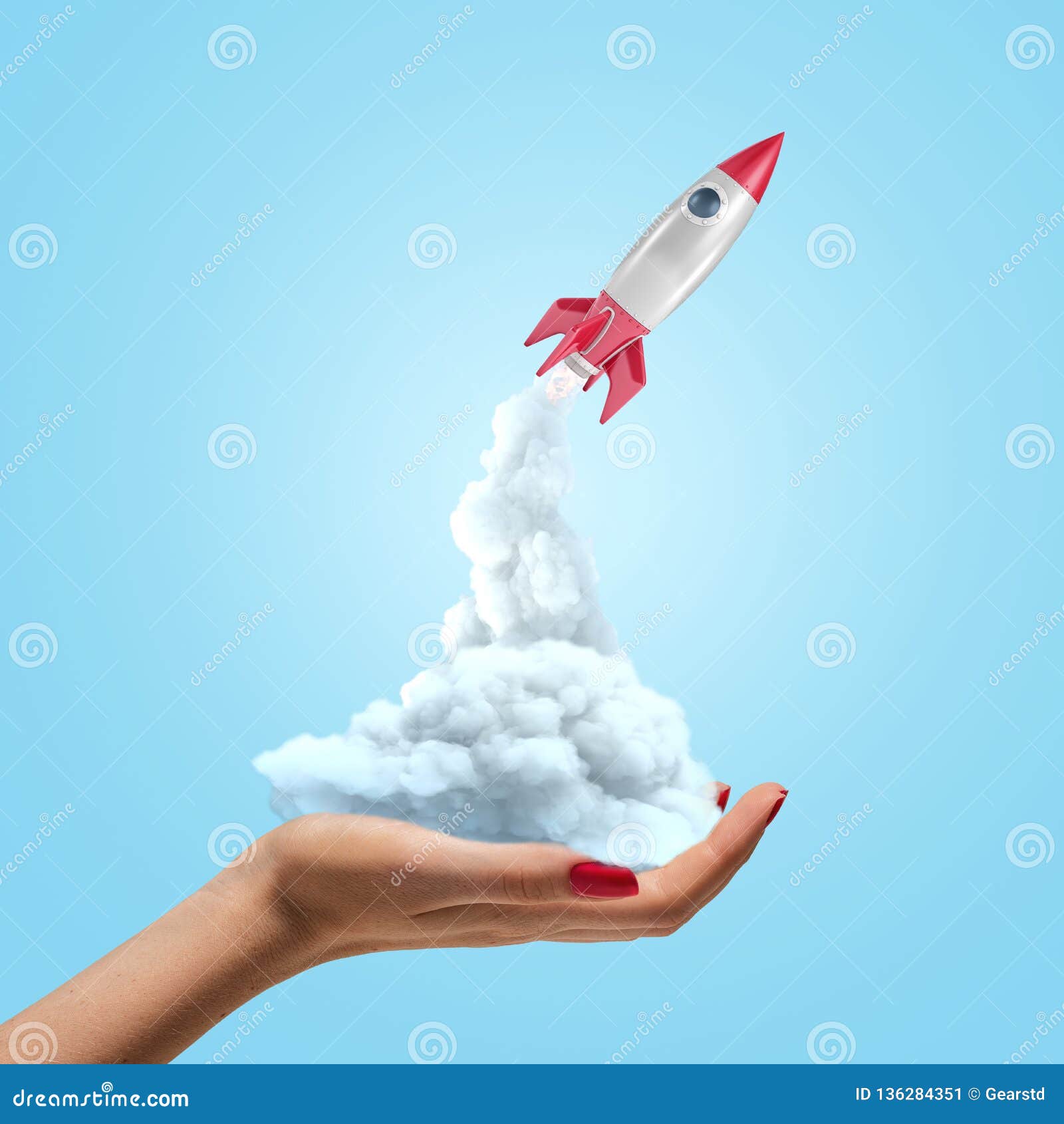 Silver Red Space Rocket Launching from Female Hand on Blue Background ...