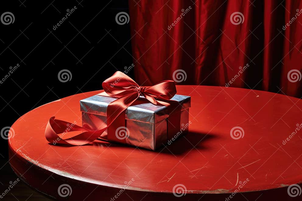 A Silver Ribbon Wrapped Around a Small Box on a Red Table Stock Image ...