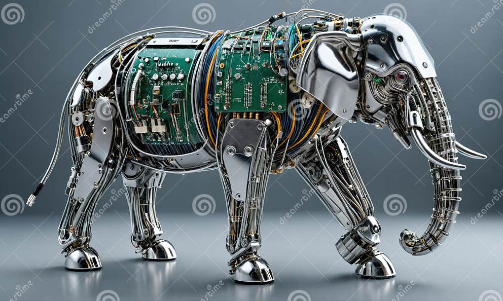 A Silver Robot Elephant Walks on a Grey Surface Stock Image - Image of ...