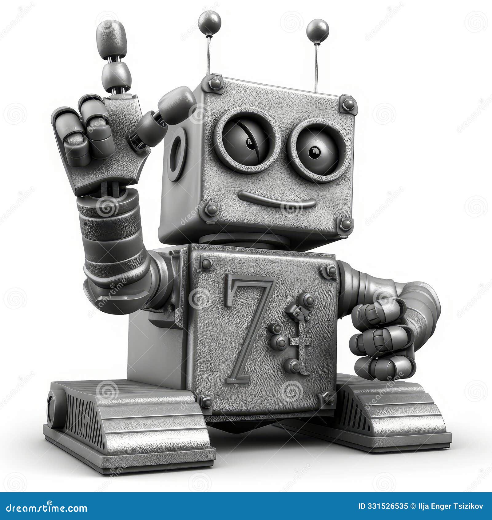 Silver Robot Pointing Up with Finger. 3D Character Illustration on a ...