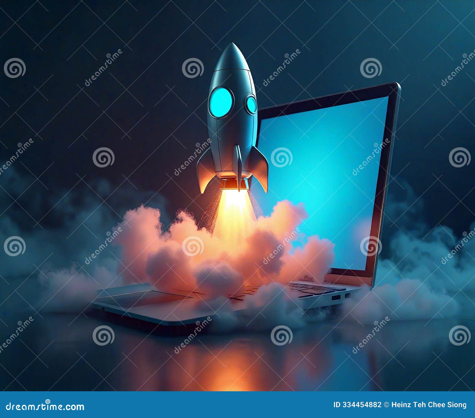 Rocket Launching From Laptop With Smoke And Blue Background Stock ...