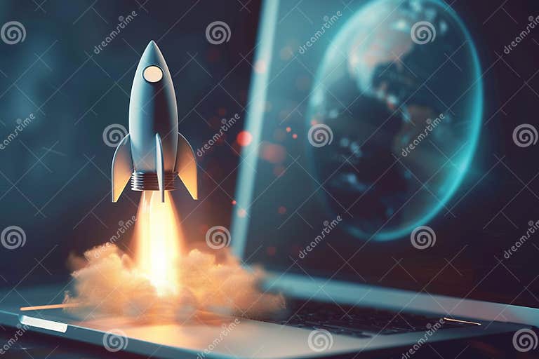 Rocket Launching from Laptop Symbolizing Digital Innovation and ...