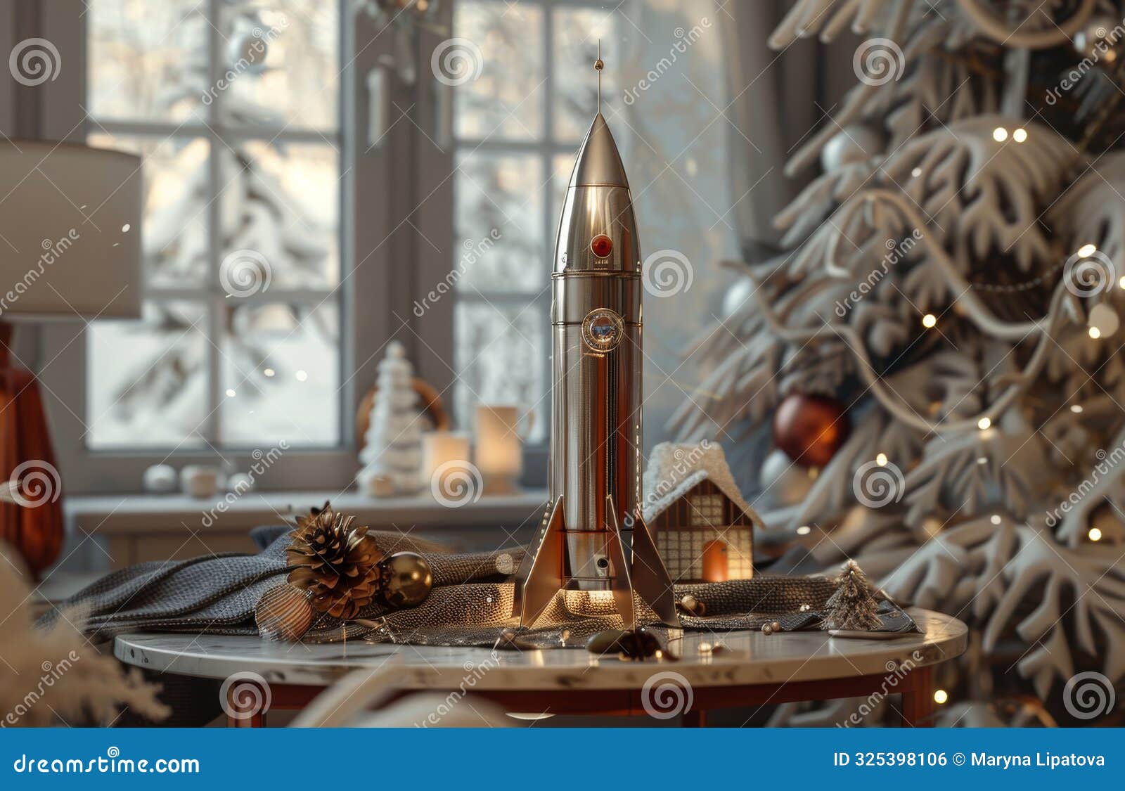 Silver Rocket Ship Ornament on Table with Christmas Tree in Background ...
