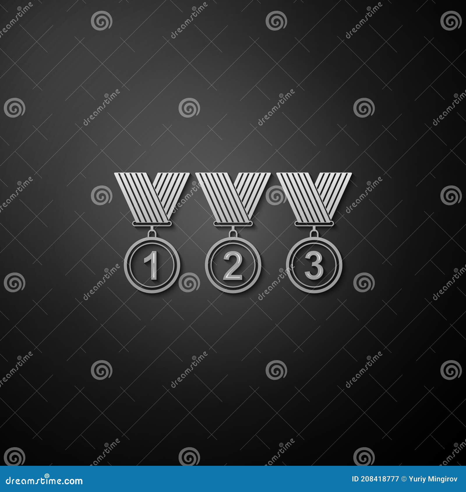 Silver Set Medal Icon Isolated on Black Background. Winner Simbol. Long ...
