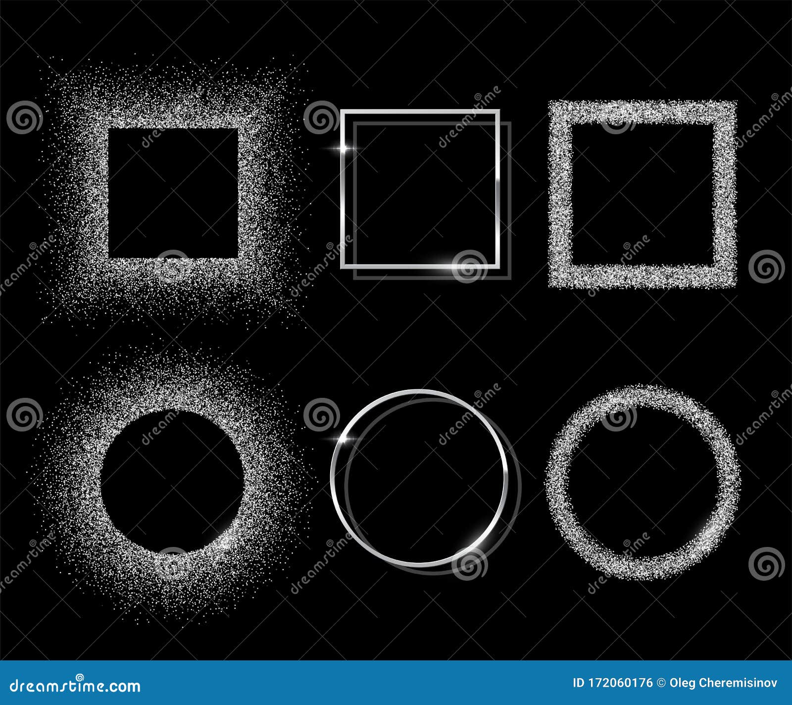 Silver Shiny Round and Square Frames with Shadows Isolated on Black ...