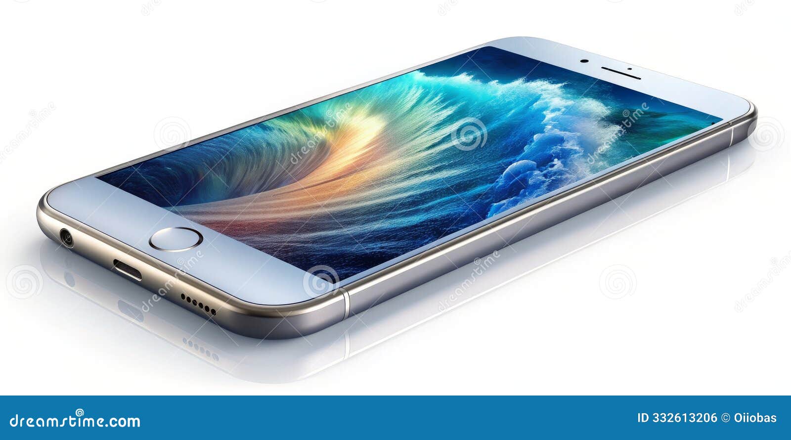 Silver Smartphone with Ocean Wave Wallpaper - 3D Render Stock ...