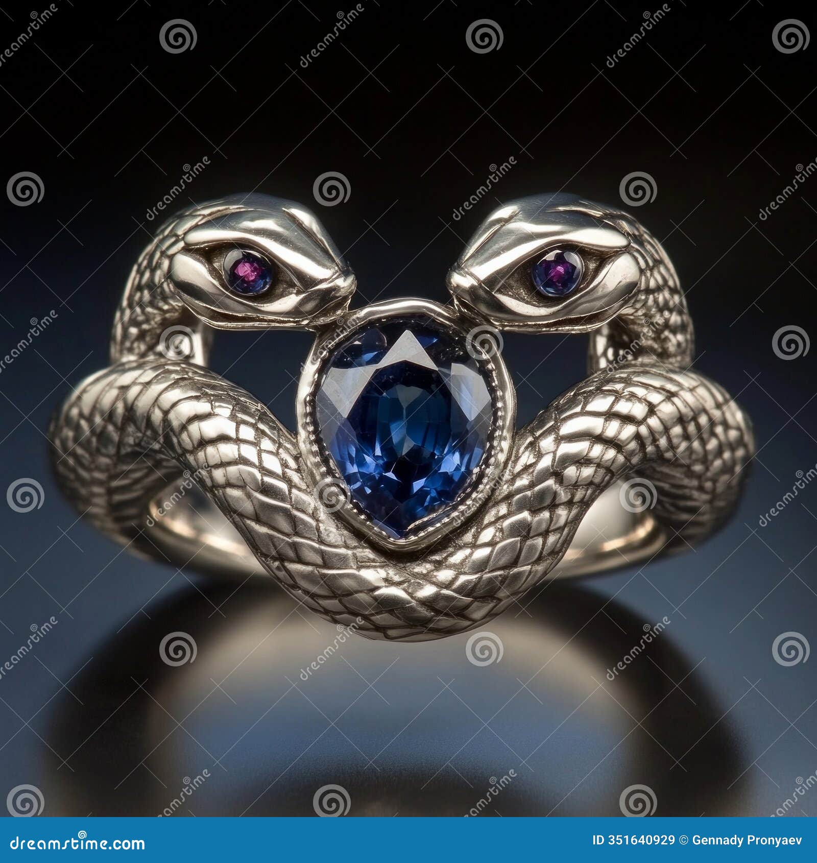 Silver Snake Ring with Blue Gemstone and Ruby Eyes Stock Image - Image ...