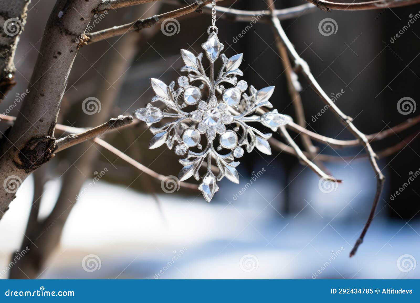 Silver Snowflake Ornament Nestled in a Tree Branch Stock Image - Image ...