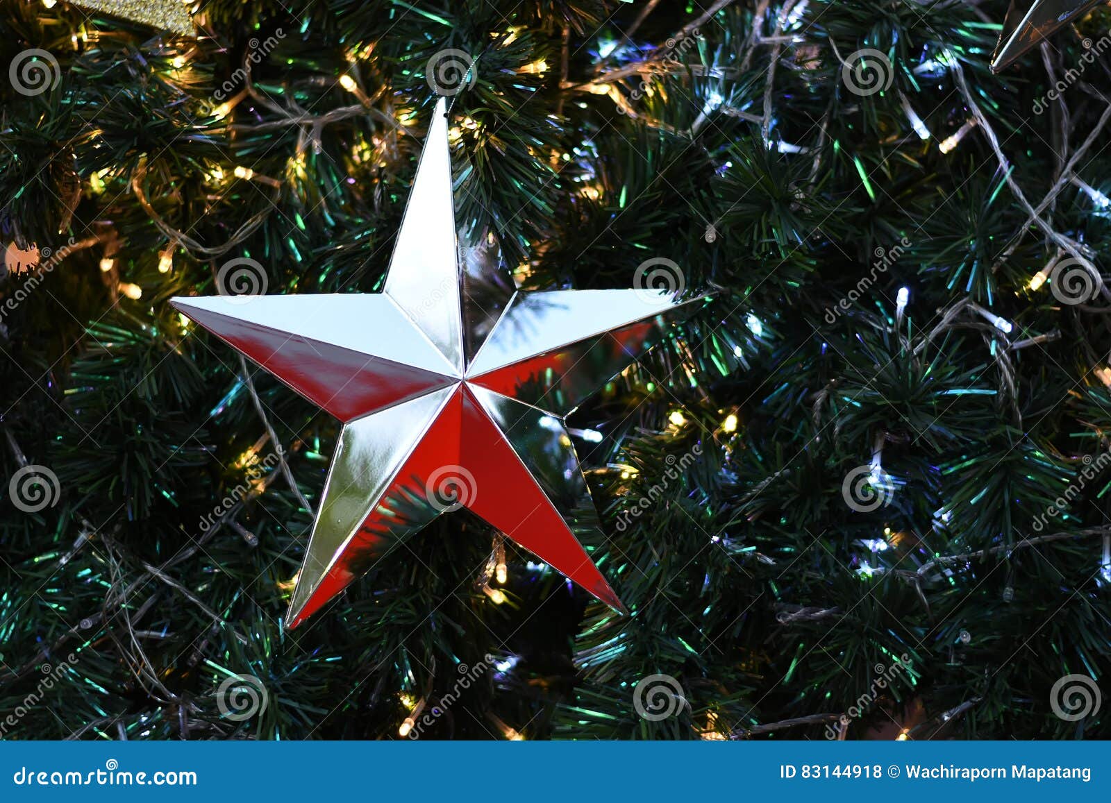 Silver Star Christmas on Christmas Tree Background Stock Photo - Image ...
