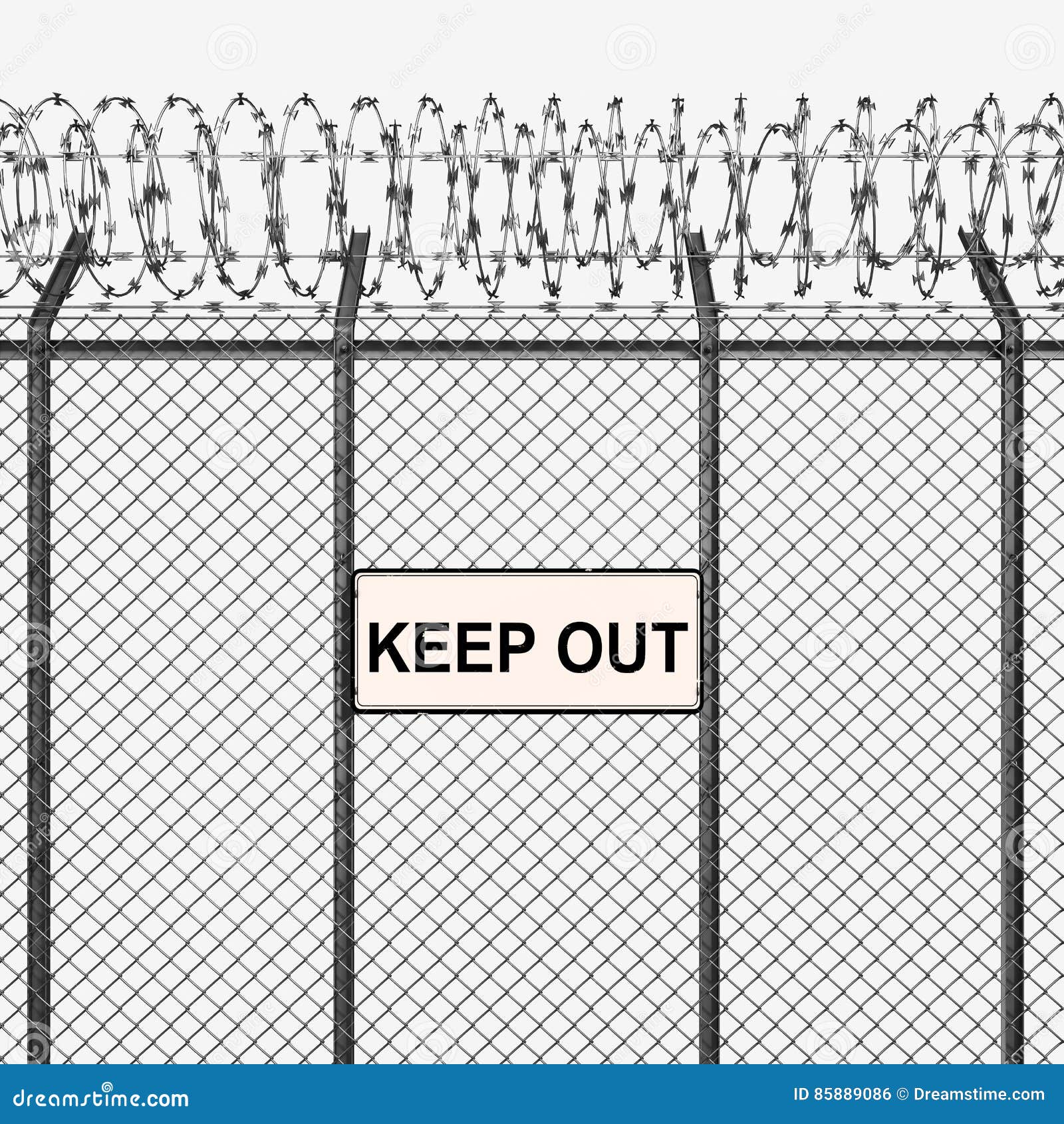Silver or Steel Fence with Barbed Wire and Keep Out Sign Stock ...