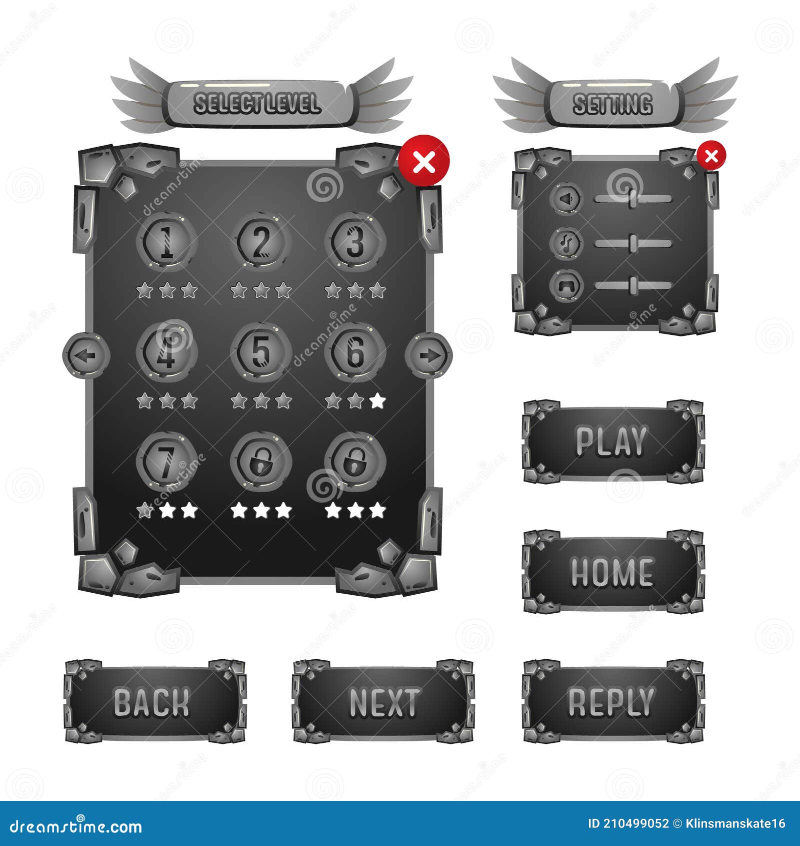 Silver Stone Game Level Selection and Button Set Design Vector Stock ...