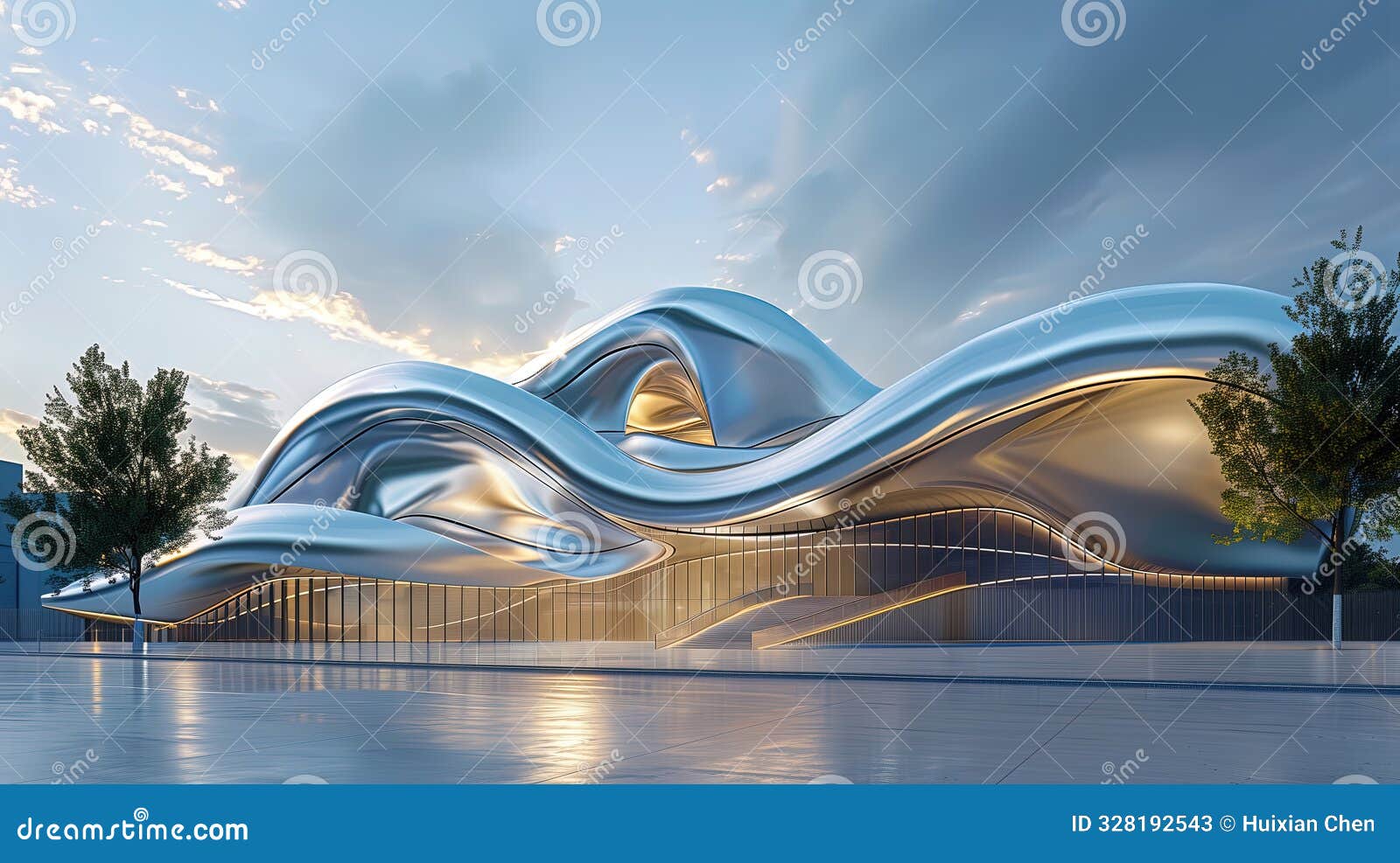 Parametric Museum Building Renderings. Silver Streamlined Irregular ...