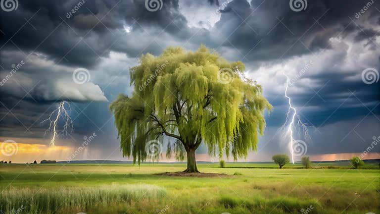 The Silver Symphony of Rain on a Willow Weep Generative AI Stock ...