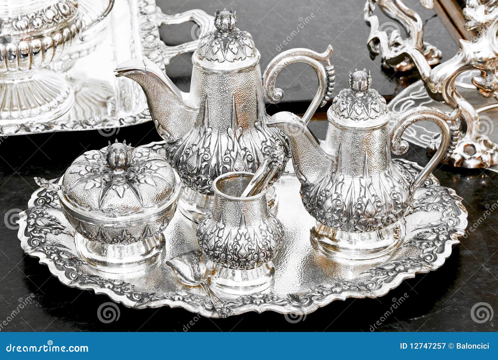 Silver tea set stock image. Image of metal, silver, tabletop - 12747257