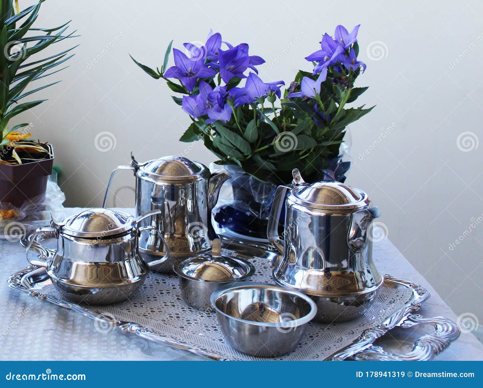 Silver Tea Set with Flower Pot Stock Image - Image of objects, purple ...