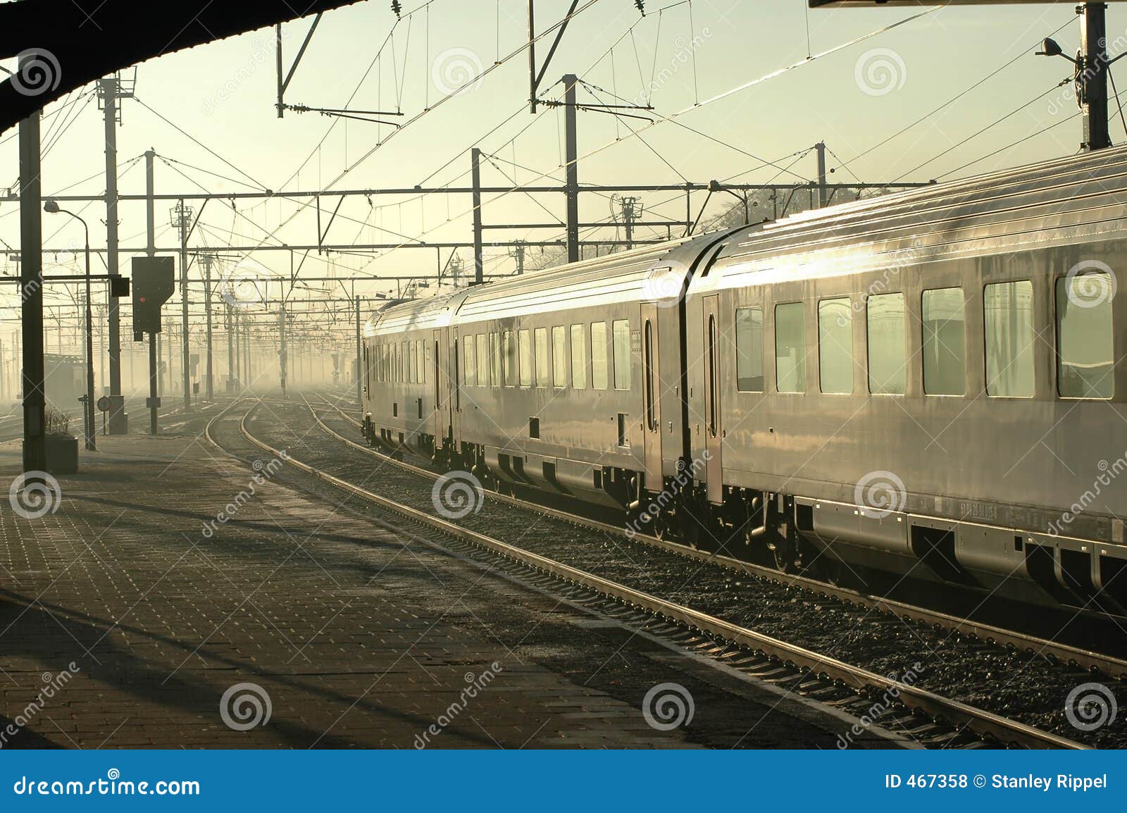Silver Train in Early Morning Fog Stock Photo - Image of haze, lights ...