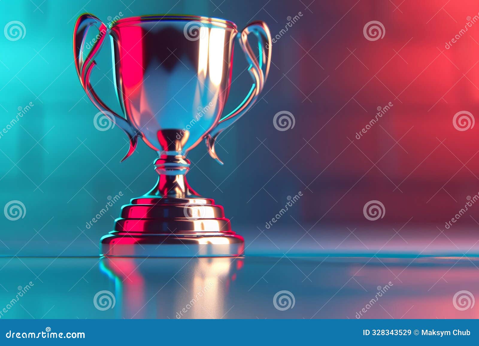 Silver Trophy on Reflective Surface with Red and Blue Lighting ...