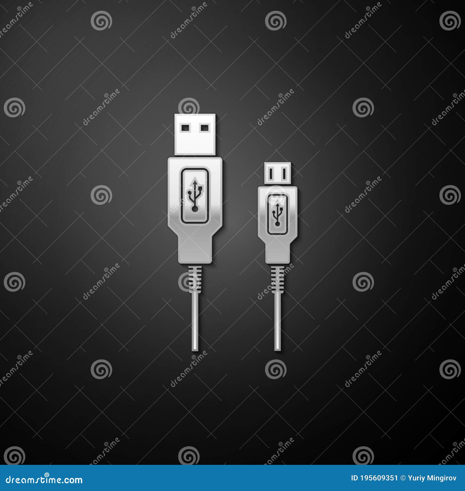 Silver USB Micro Cables Icon Isolated on Black Background. Connectors ...