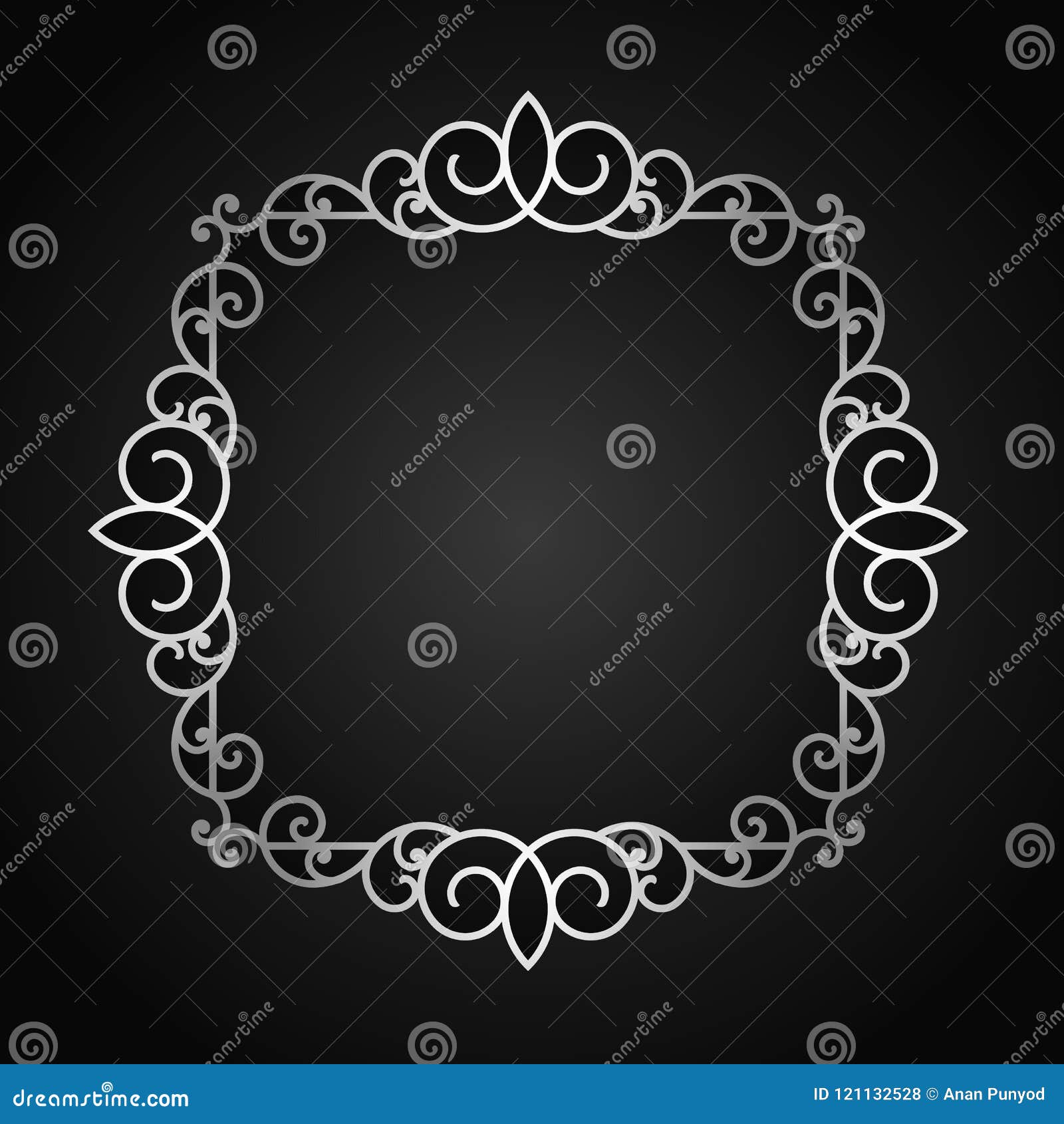 Silver Vinrage Curve Border Frame on Black Dark Background Vector ...
