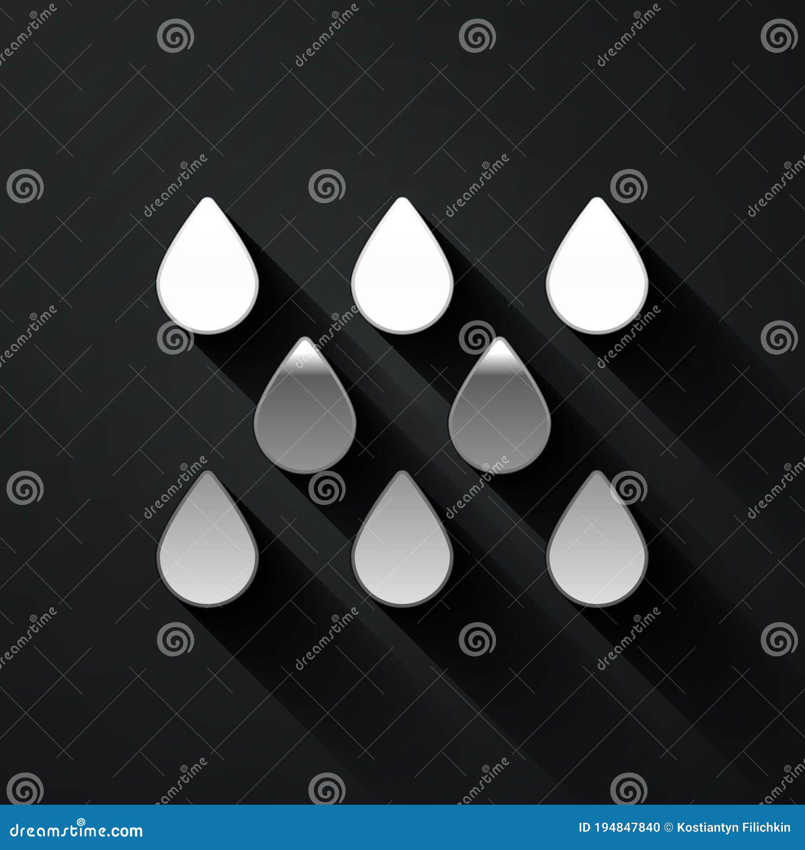Silver Water Drop Icon Isolated on Black Background. Long Shadow Style ...