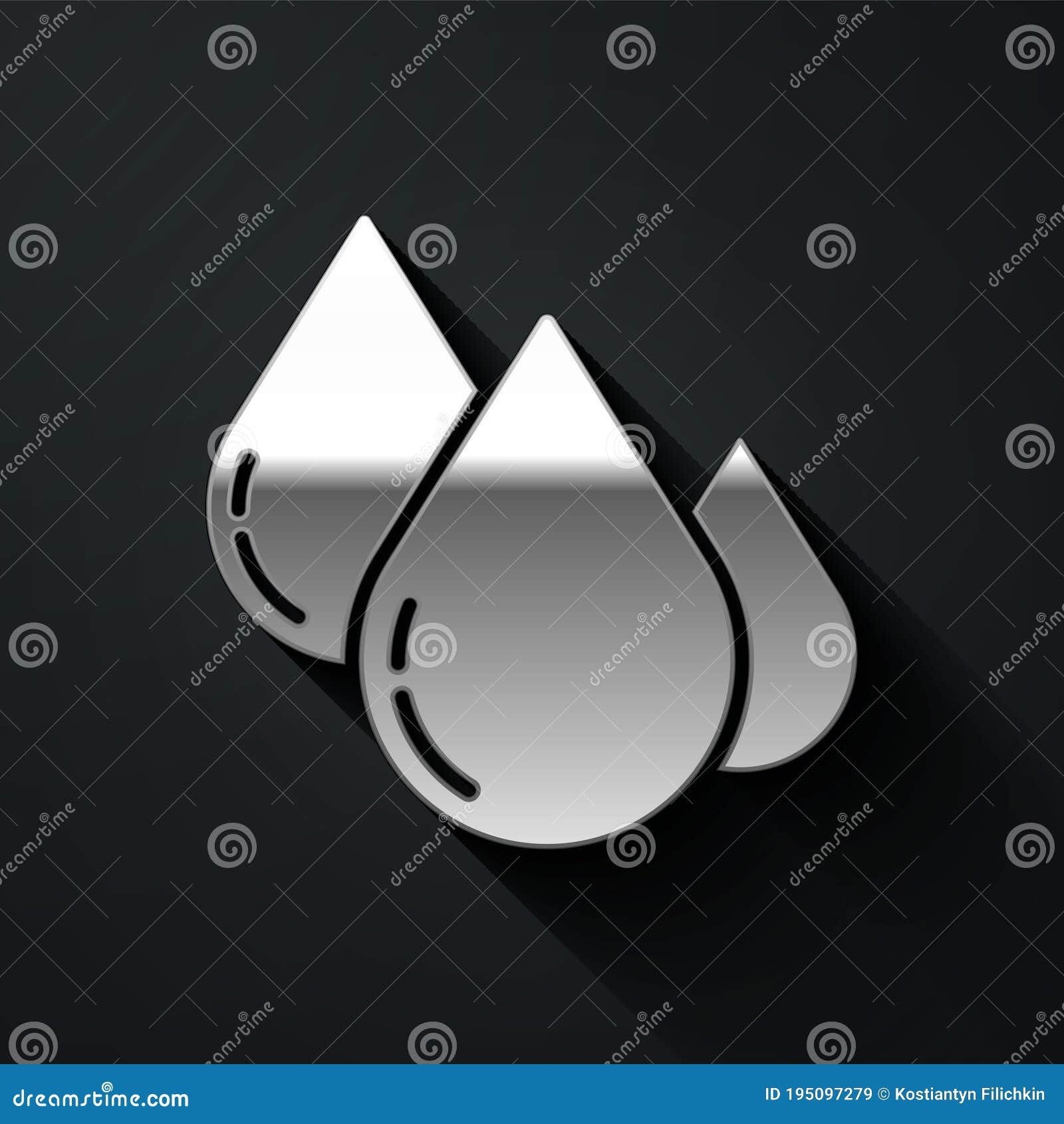 Silver Water Drop Icon Isolated on Black Background. Long Shadow Style ...