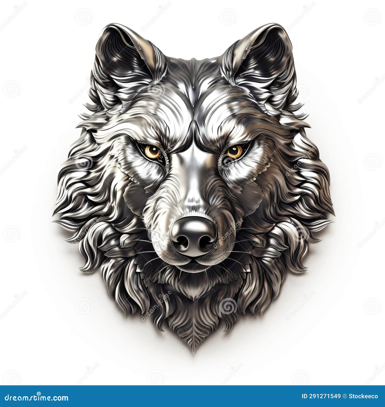 Silver Wolf Head 3d Model With Metal Texture On White Background Stock ...