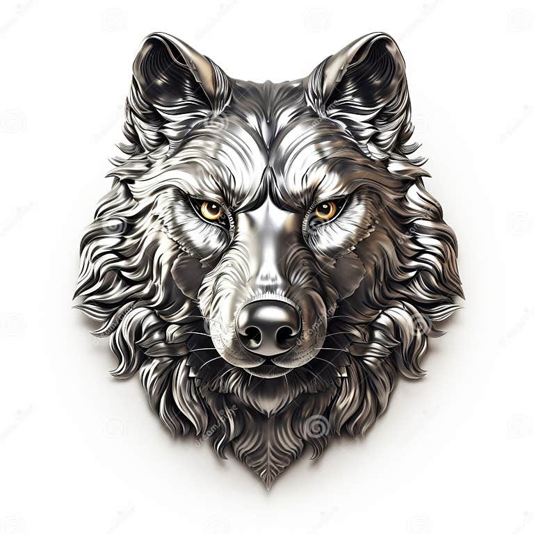 Silver Wolf Head 3d Model with Metal Texture on White Background Stock ...