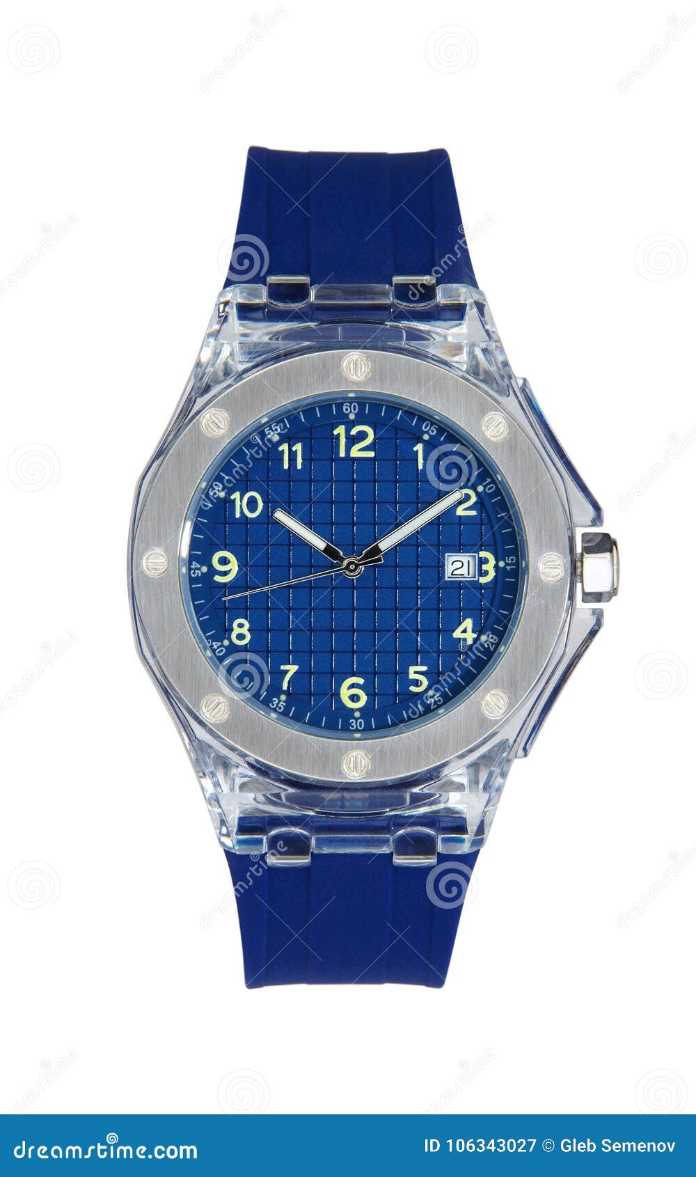 Silver Wrist Watch Isolated White Blue Plastic Bracelet Stock Image ...