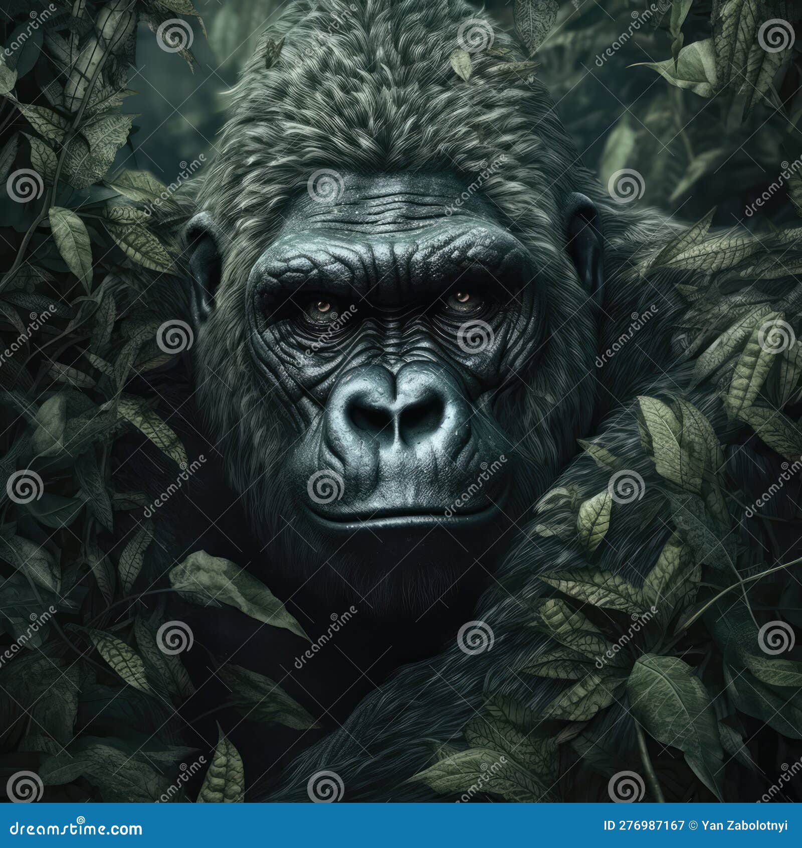 A Silverback Gorilla Head Wrapped in Green Leaves on a Background of ...