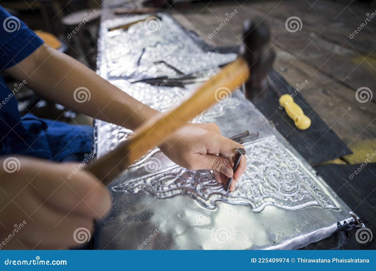 Silversmiths Tools on the Silver Workplace. Silversmith Using Hammer ...