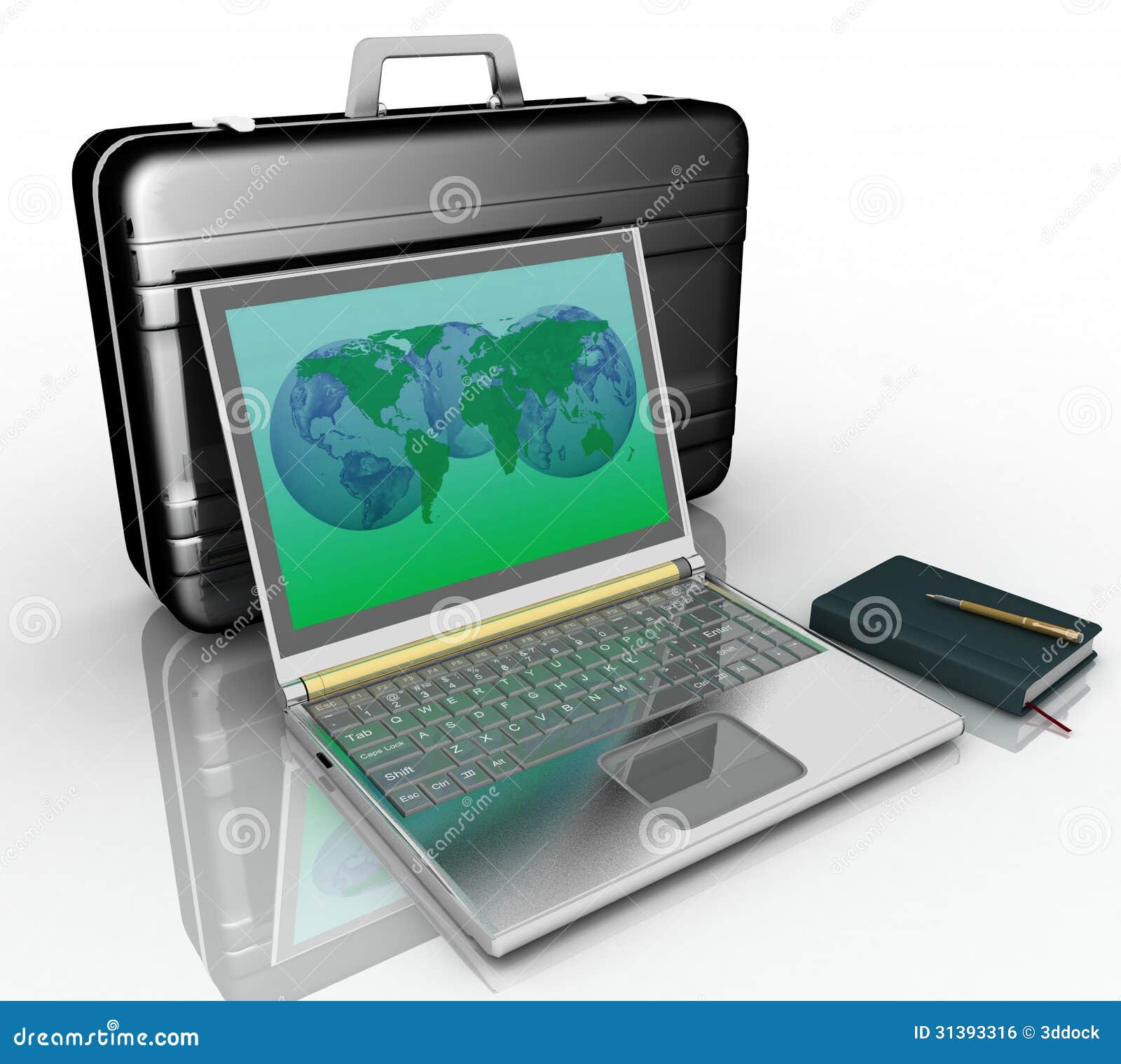 Silvery Laptop, Notepad And Pen With Black Brief-case Stock ...