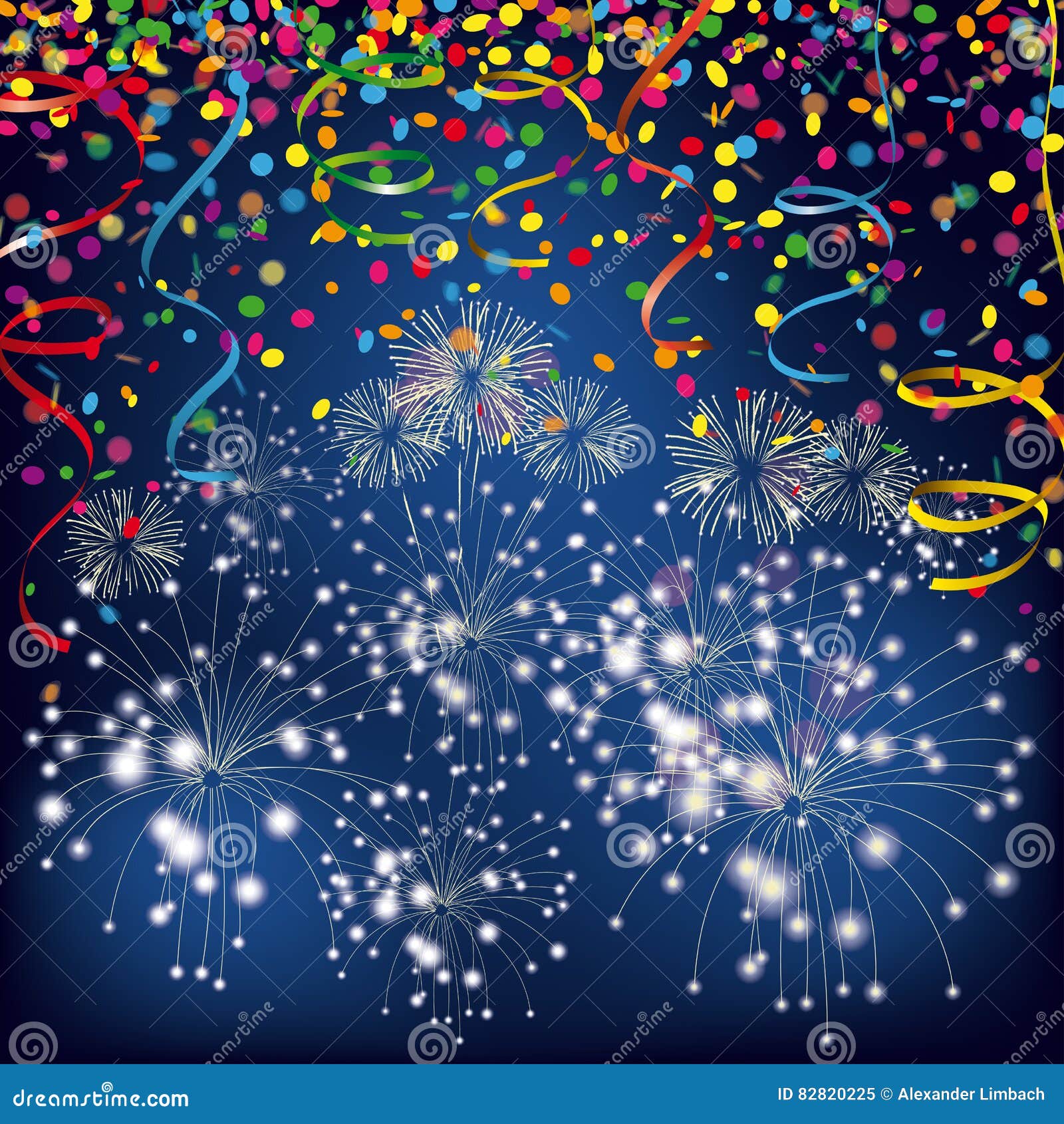 Silvester Night Confetti Fireworks Ribbons Stock Vector - Illustration ...