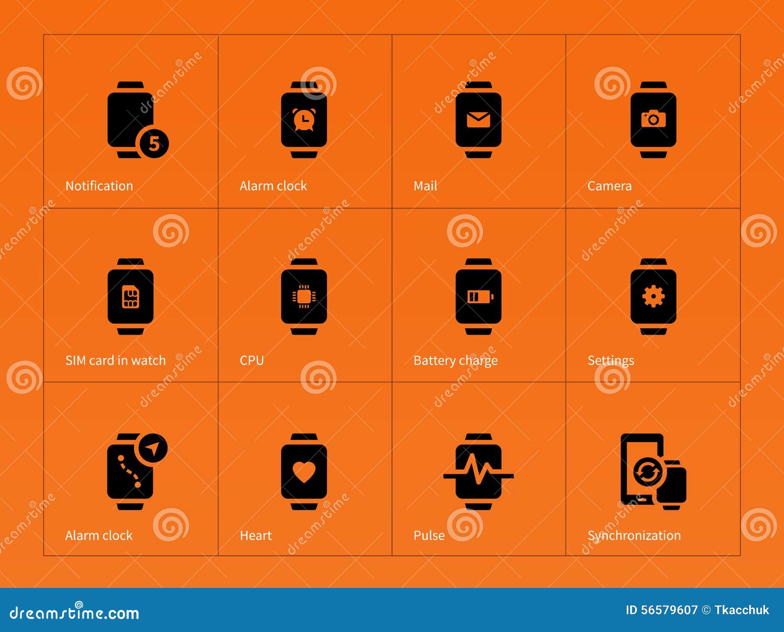 SIM Card and CPU in Watch Icons on Orange Stock Vector - Illustration ...