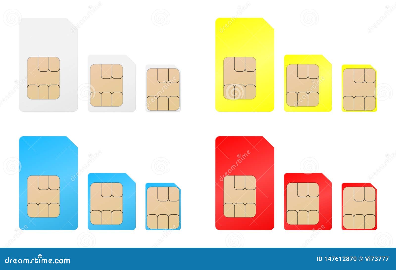 Set Of 3G, 4G, 5G Sim Card Types. Realistic Blank Phone Cards With ...