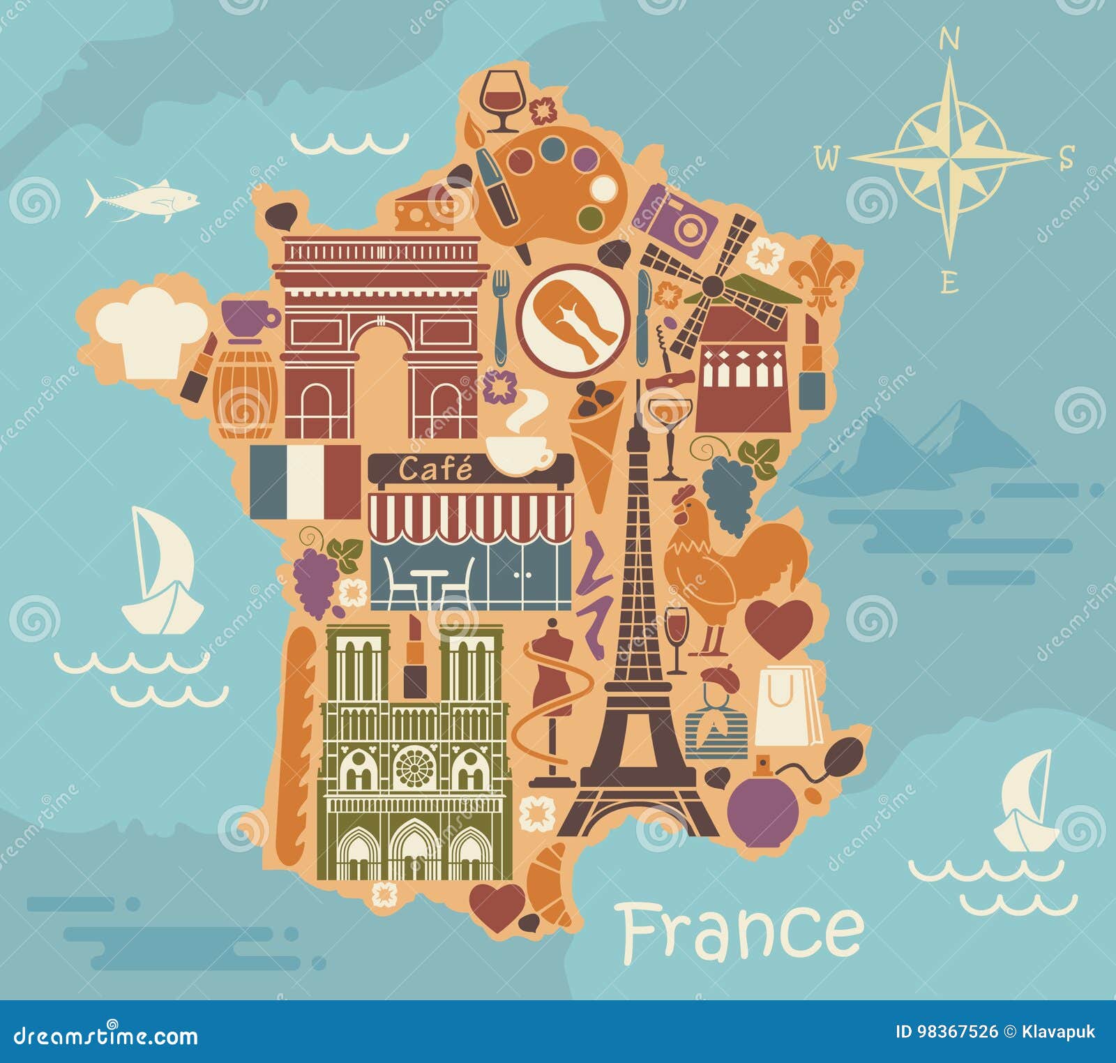 Simboli Della Francia Sotto Forma Di Mappe Stilizzate Illustrazione ...