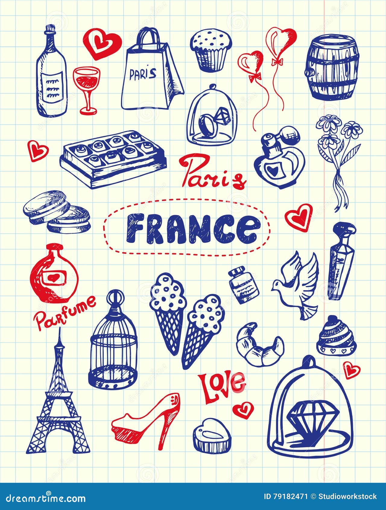 Simboli Pen Drawn Doodles Vector Collection Della Francia Illustrazione ...