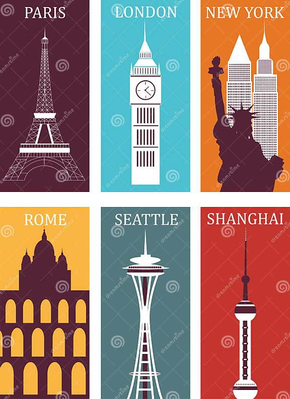 Simbols of famous cities. editorial photography. Illustration of ...