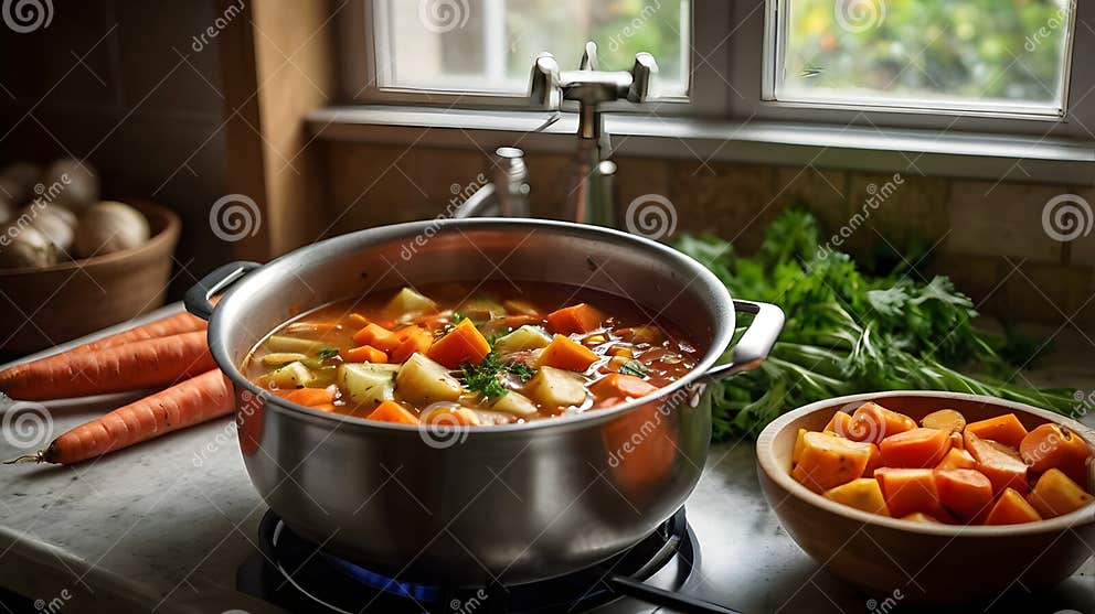 Simmering Vegetable Soup stock illustration. Illustration of lens ...