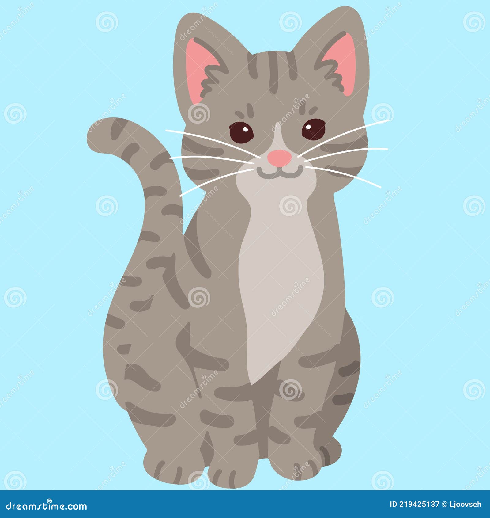Simple and Adorable Gray Tabby Cat Sitting in Front View Flat Colored ...