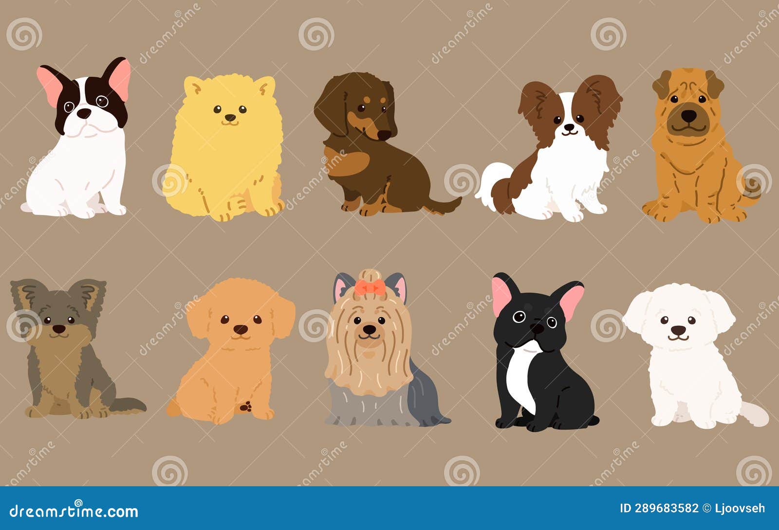 Simple and Adorable Illustrations of Friendly Small Dogs Flat Colored ...