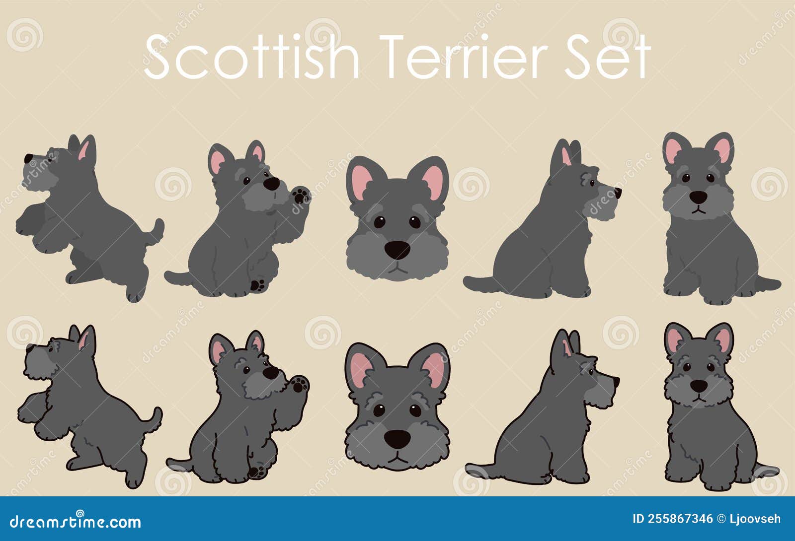 Simple and Adorable Scottish Terrier Illustrations Set Stock Vector ...