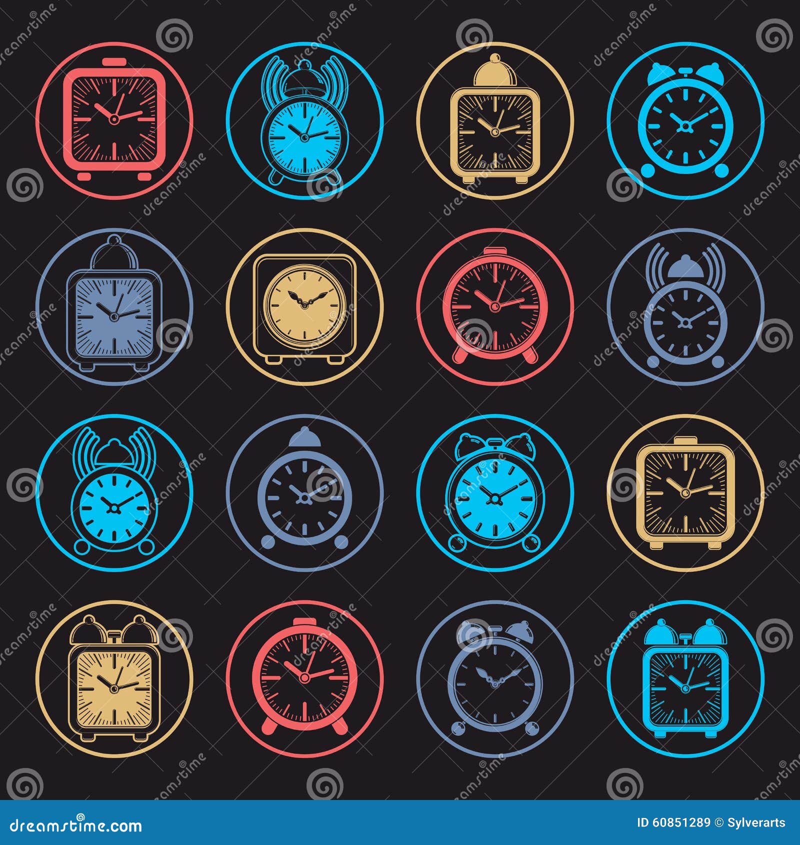 Simple Alarm Clocks with Clock Bell, Vector Wake Up Icons Stock Vector ...