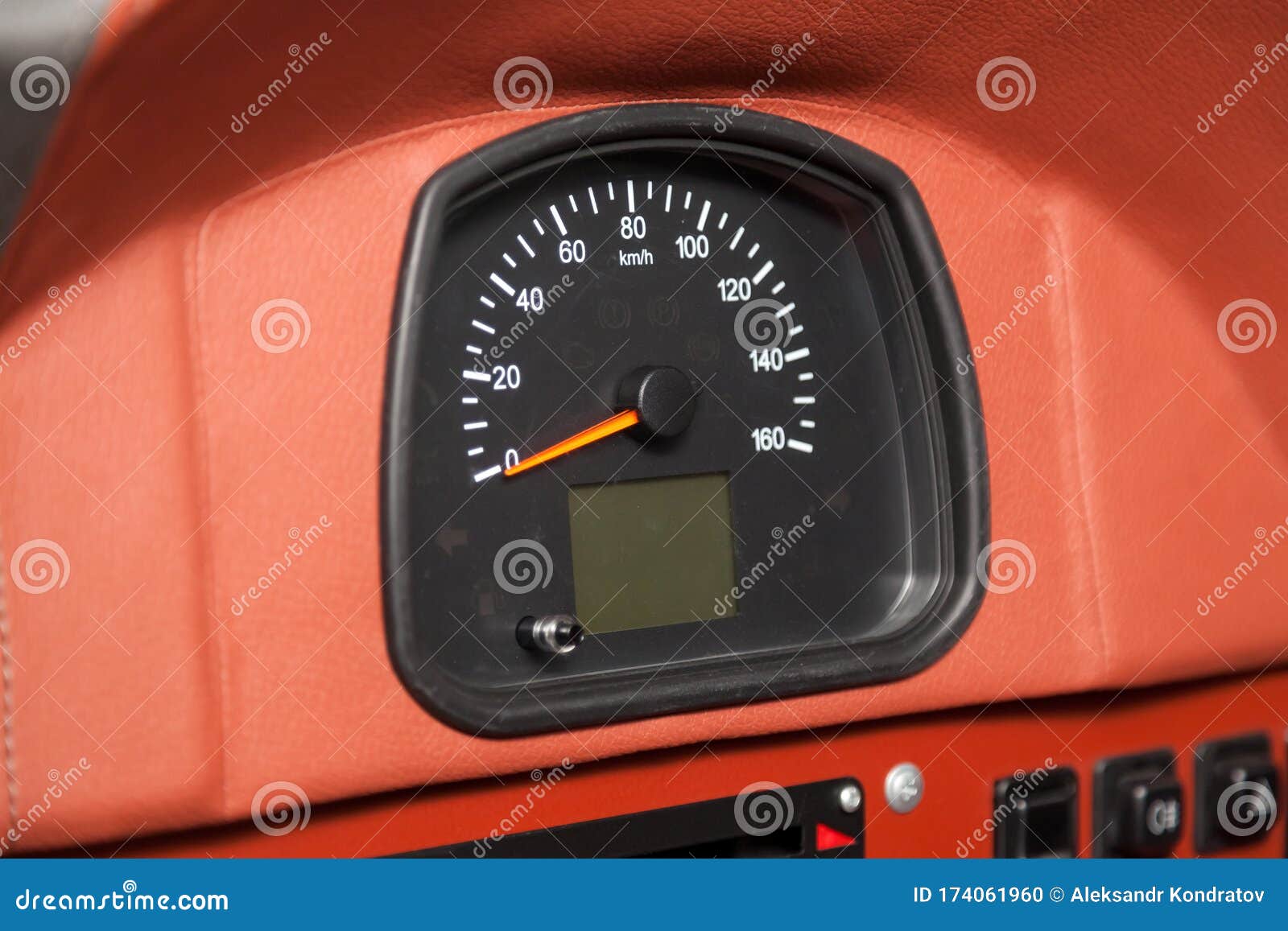 Analog Car Speedometer with a Red Arrow on a Leather Trimmed Panel ...