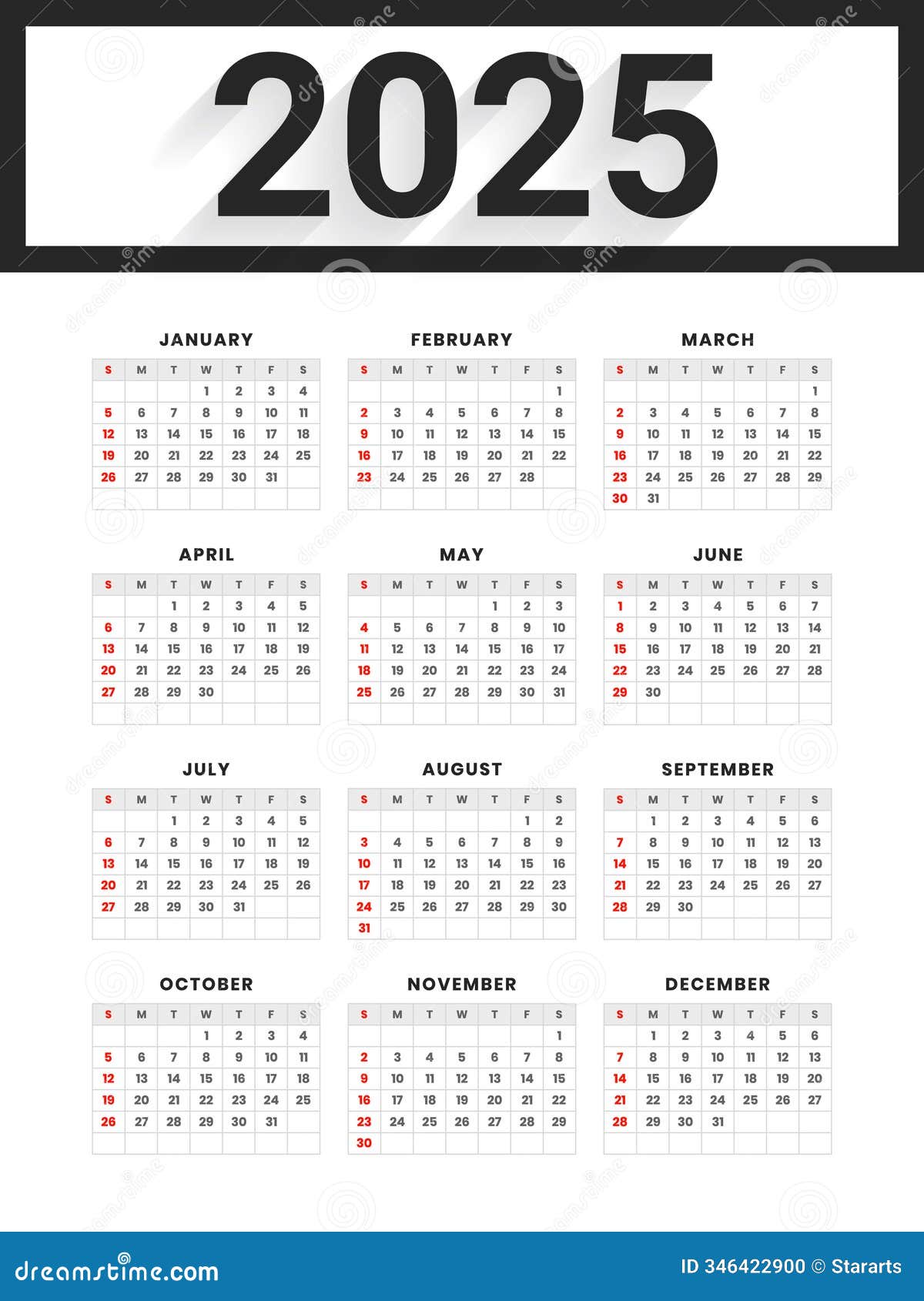 Simple 2025 Annual Calendar Layout Organize Event or Task Stock Vector ...