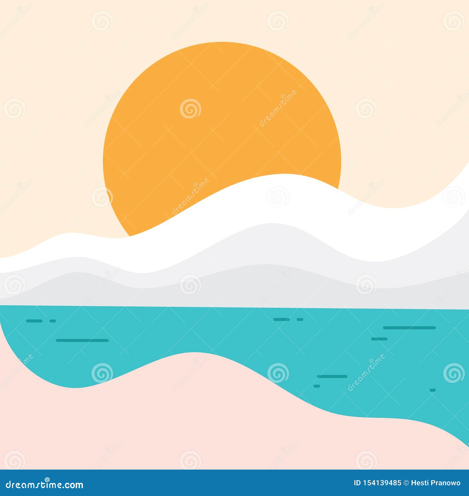Simple Beach Landscape with Sun for Element Design in Flat Style Stock ...