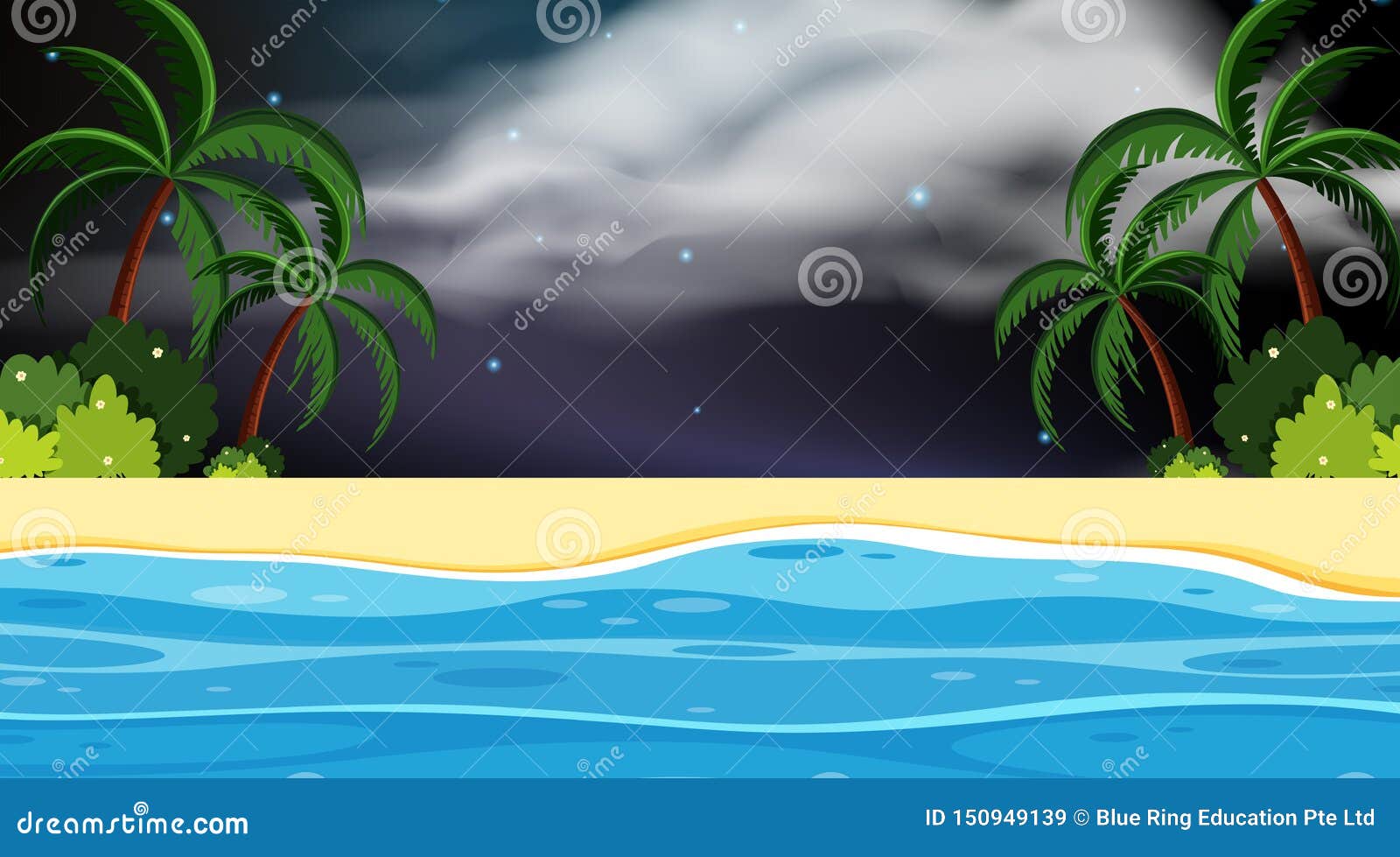 Beach At Night. Sea Panorama. Cartoon Vector Illustration ...
