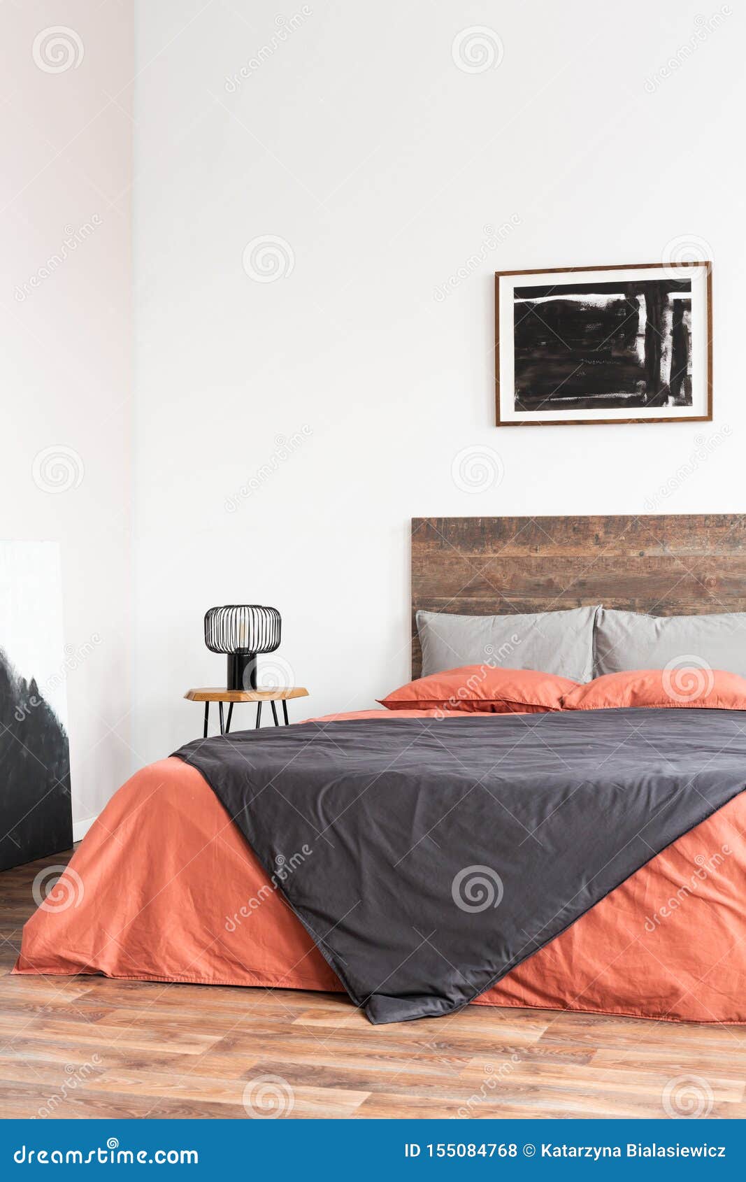 Simple, Bedroom Interior with Empty White Wall and Cozy Bedding Stock ...
