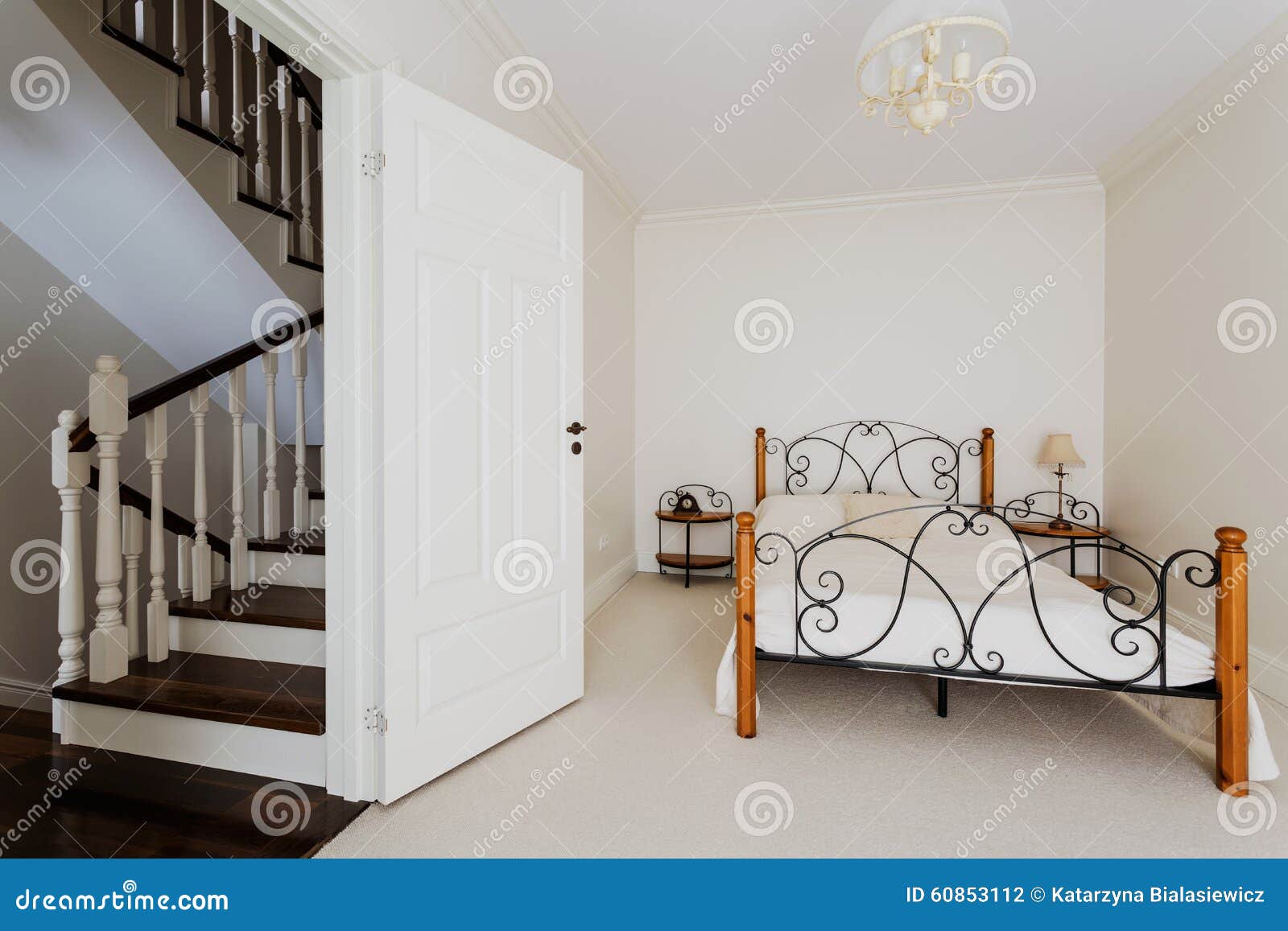 Simple Bedroom and Wooden Stairs Stock Photo - Image of recreation ...