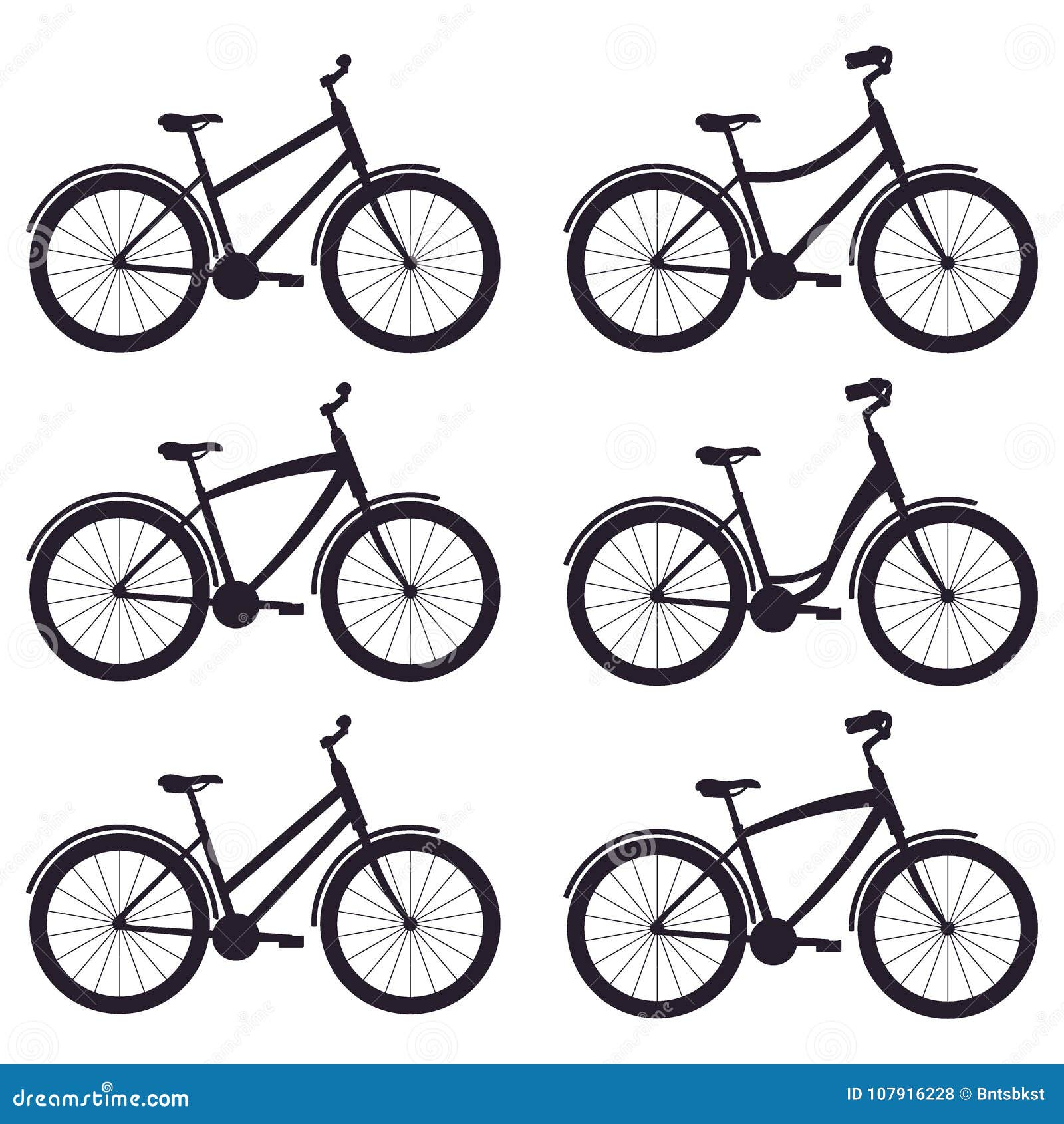 Simple Bicycles Silhouettes with Different Frames and Handlebars, Set ...